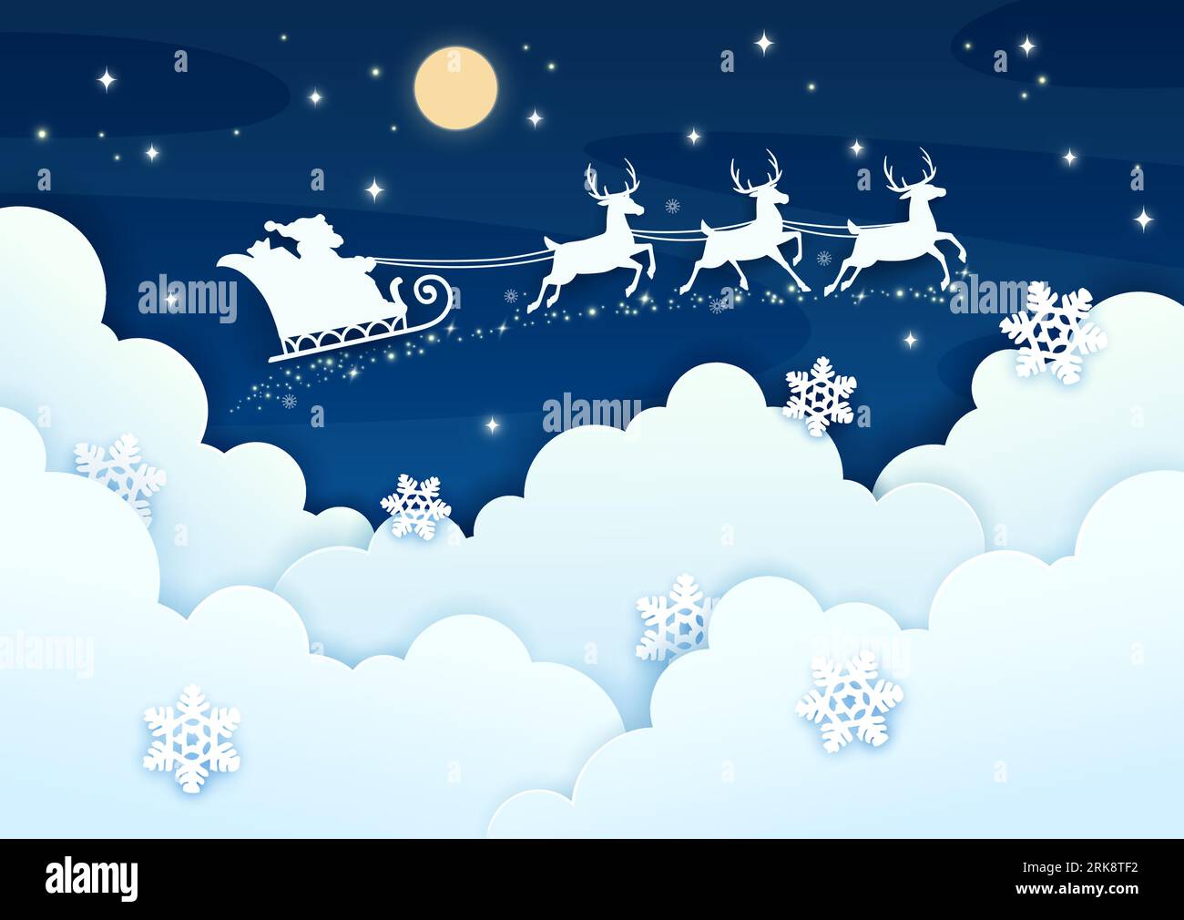 Christmas paper cut greeting with Santa sleigh silhouette on night ...