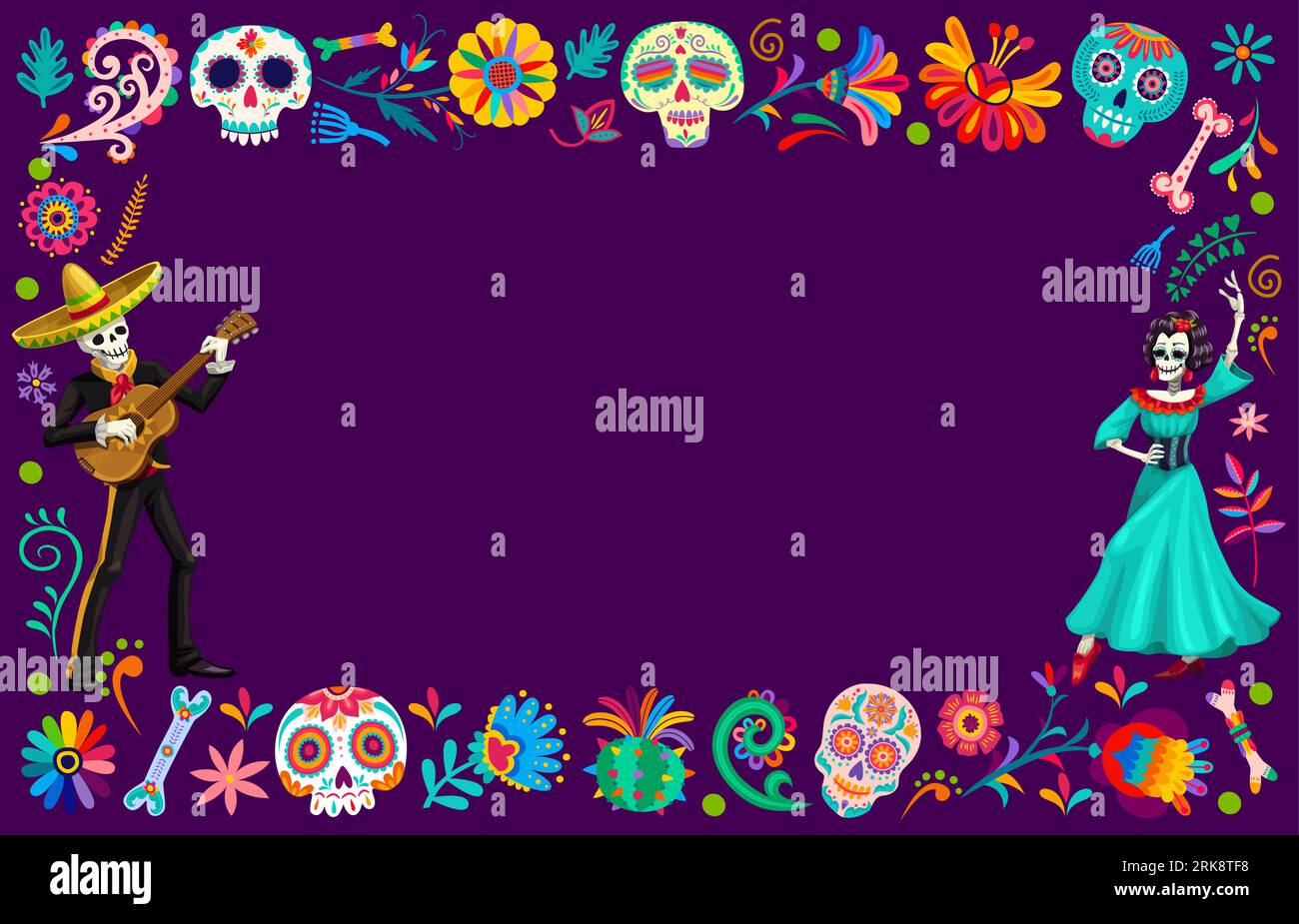 Dia de Los Muertos, Mexican holiday frame with flowers and sugar ...