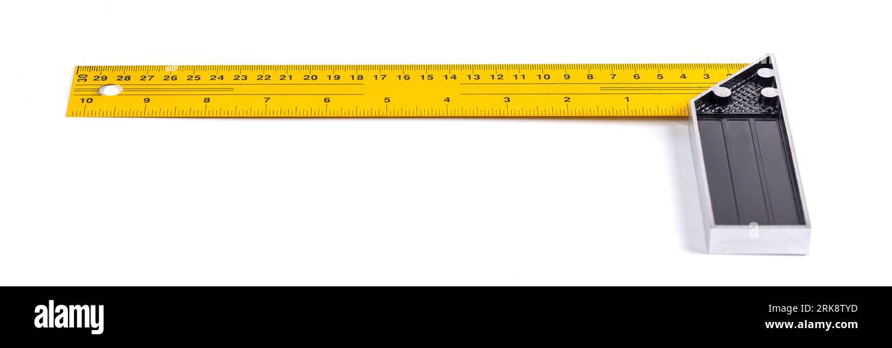 Yellow and black Metal construction square triangle ruler isolated on ...