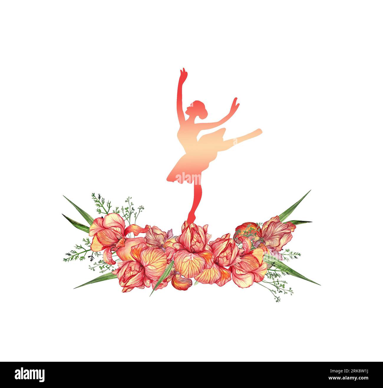 Composition of dancing ballerina with flowers. Hand drawn classic ...