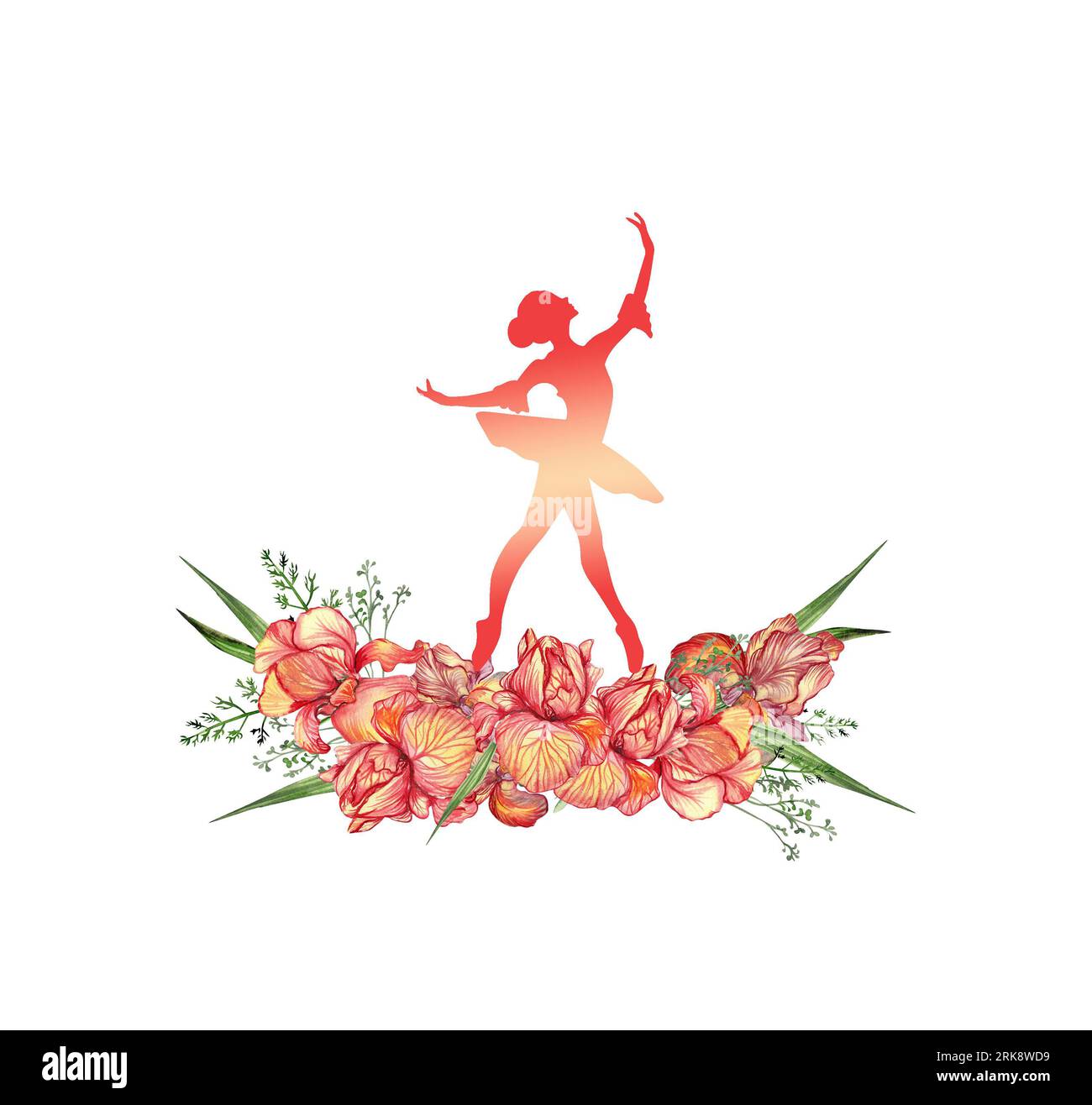 Composition of dancing ballerina with flowers. Hand drawn classic ...