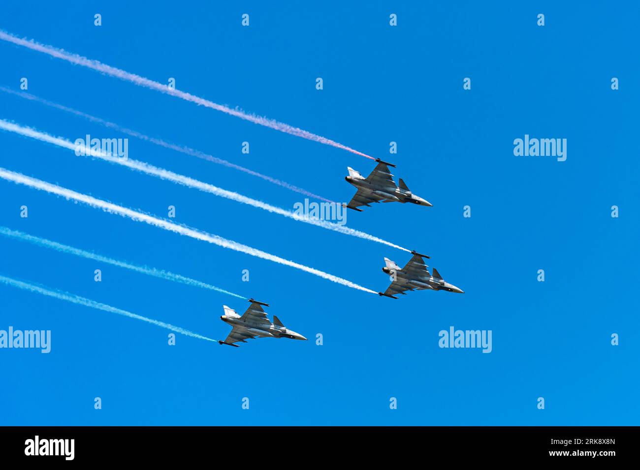 A trio of Gripen fighter jets of the Hungarian Air Force drag Hungarian ...