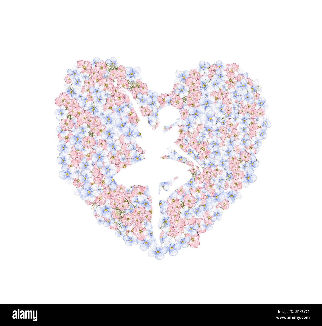 Composition of dancing ballerina in flower heart. Hand drawn classic ...