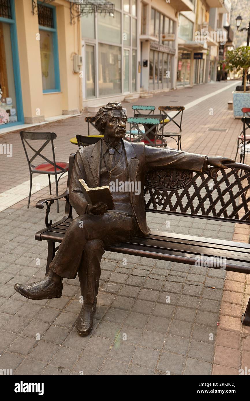 Mark Twain , Samuel Langhorne Clemens, Statue at Argos Greece Stock ...