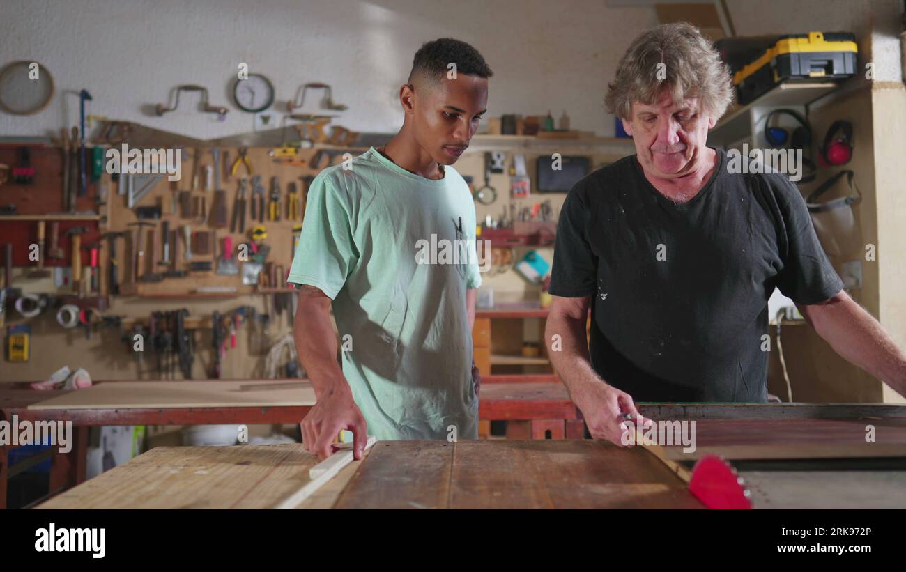 Carpenter and apprentice working at workshop, teacher orienting young ...