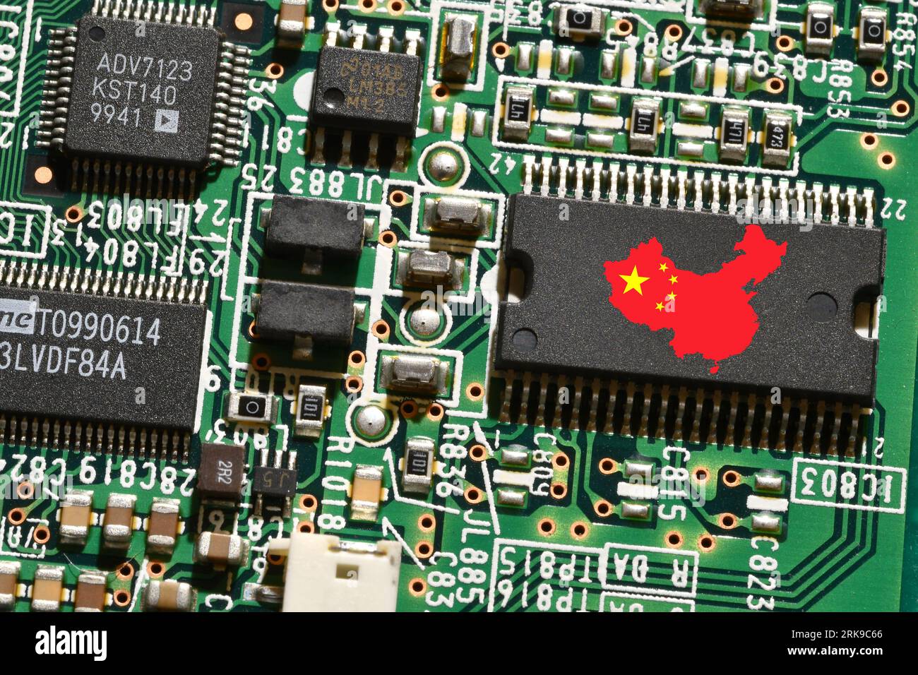 China flag on a processor, central processing unit CPU or GPU microchip ...