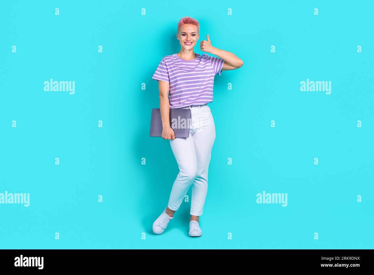 Full body length photo of young hr manager woman works thumb up her new ...