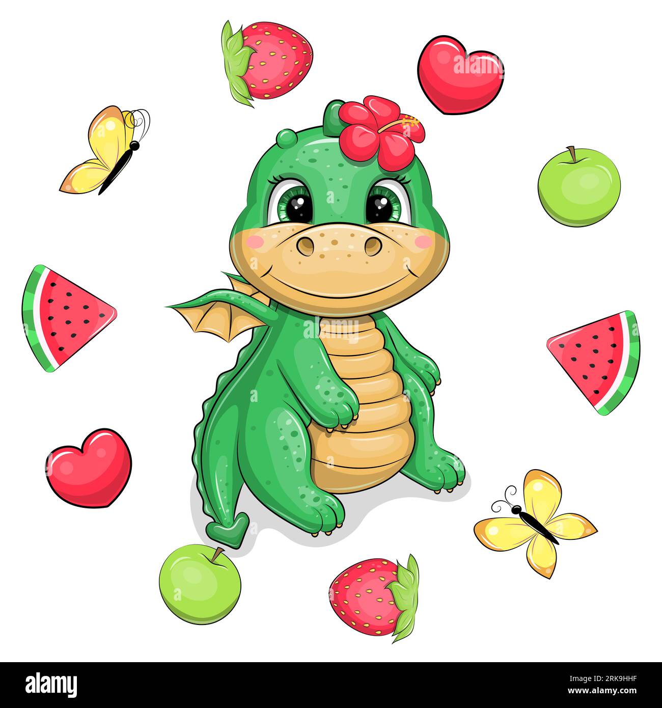 Cute cartoon green dragon with red tropical flower and fruit frame ...