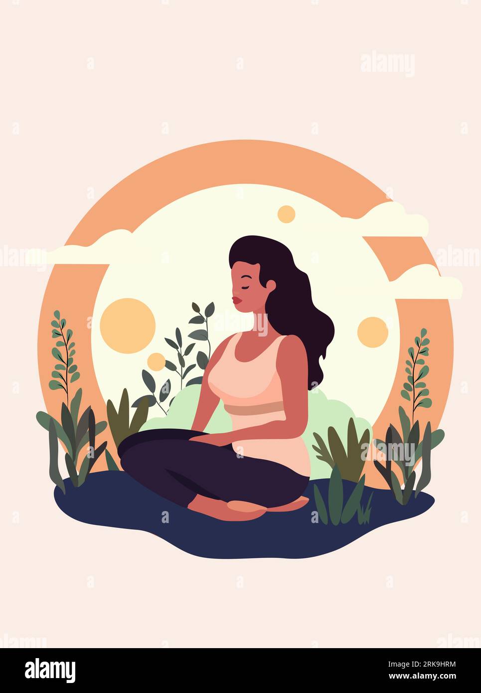 Female in tranquil meditation amidst nature and foliage.Concept for ...