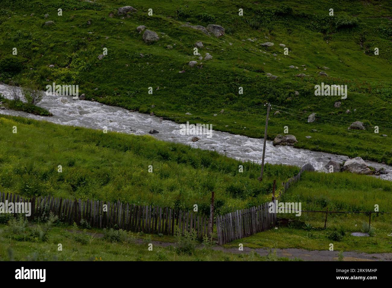 A scenic view of a river in Murkmeli, a village in the Ushguli region ...