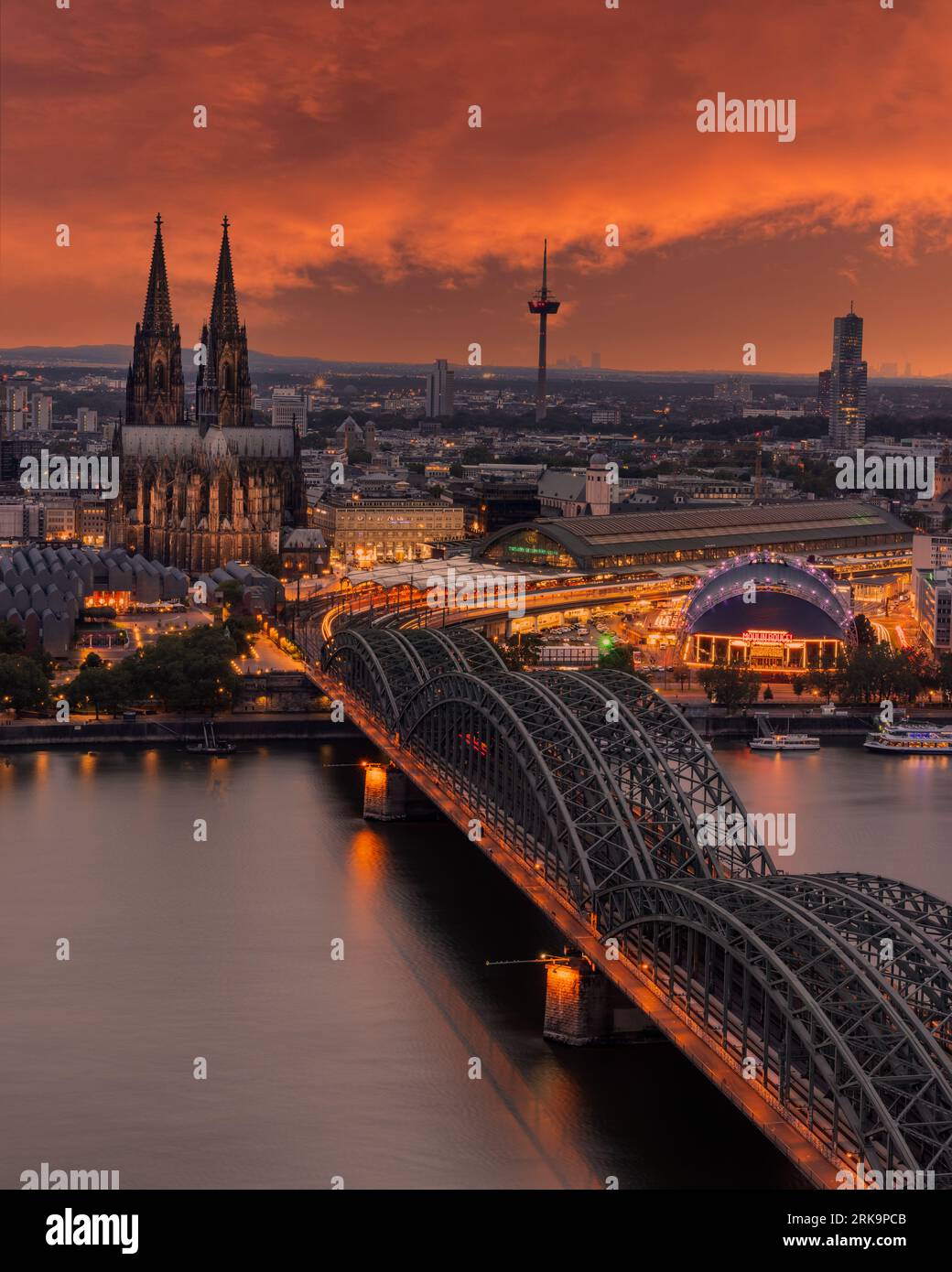 Cologne Germany, bridge and Cologne Cathedral aerial view at night ...