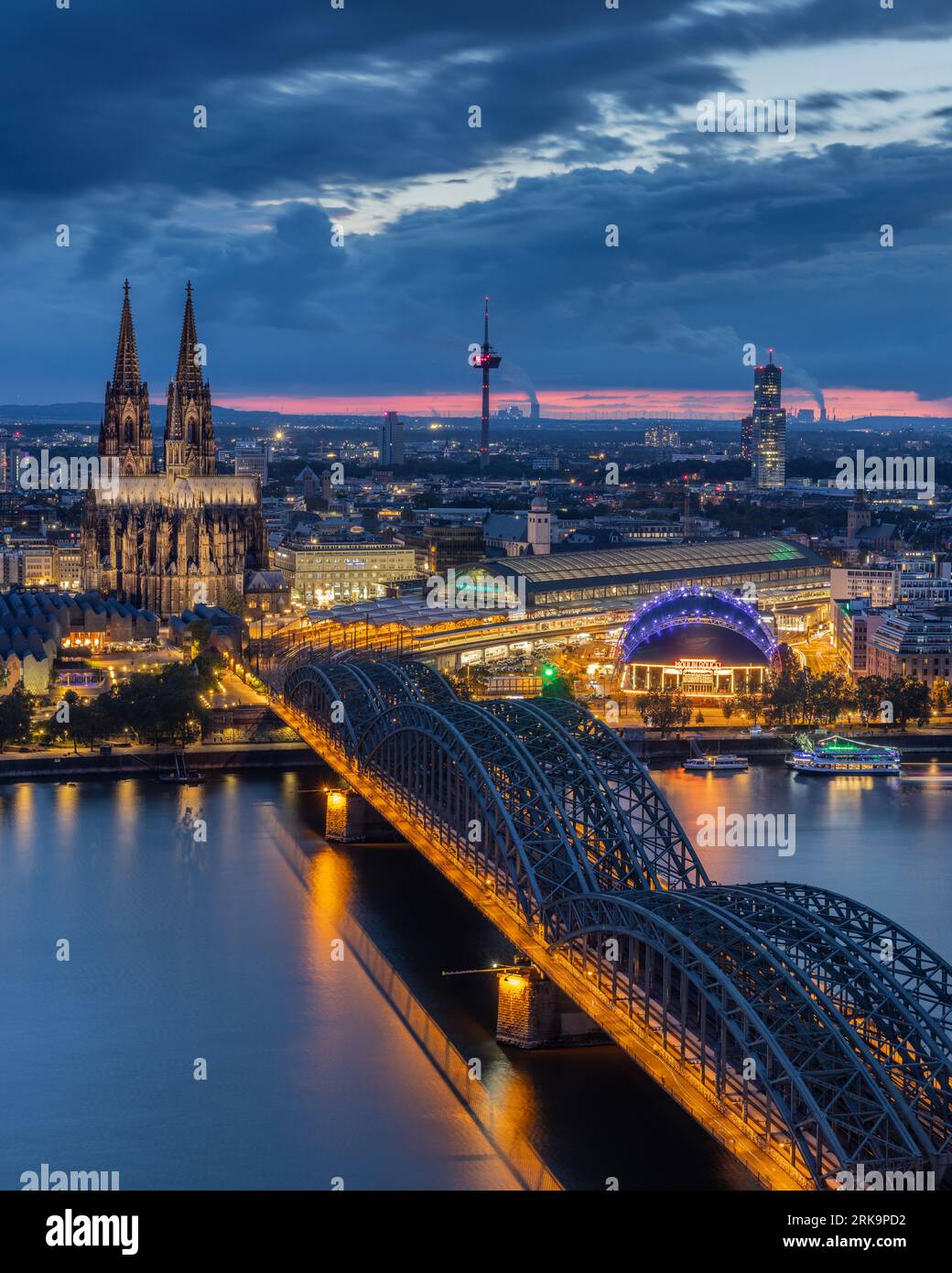 Cologne Germany, bridge and Cologne Cathedral aerial view at night ...