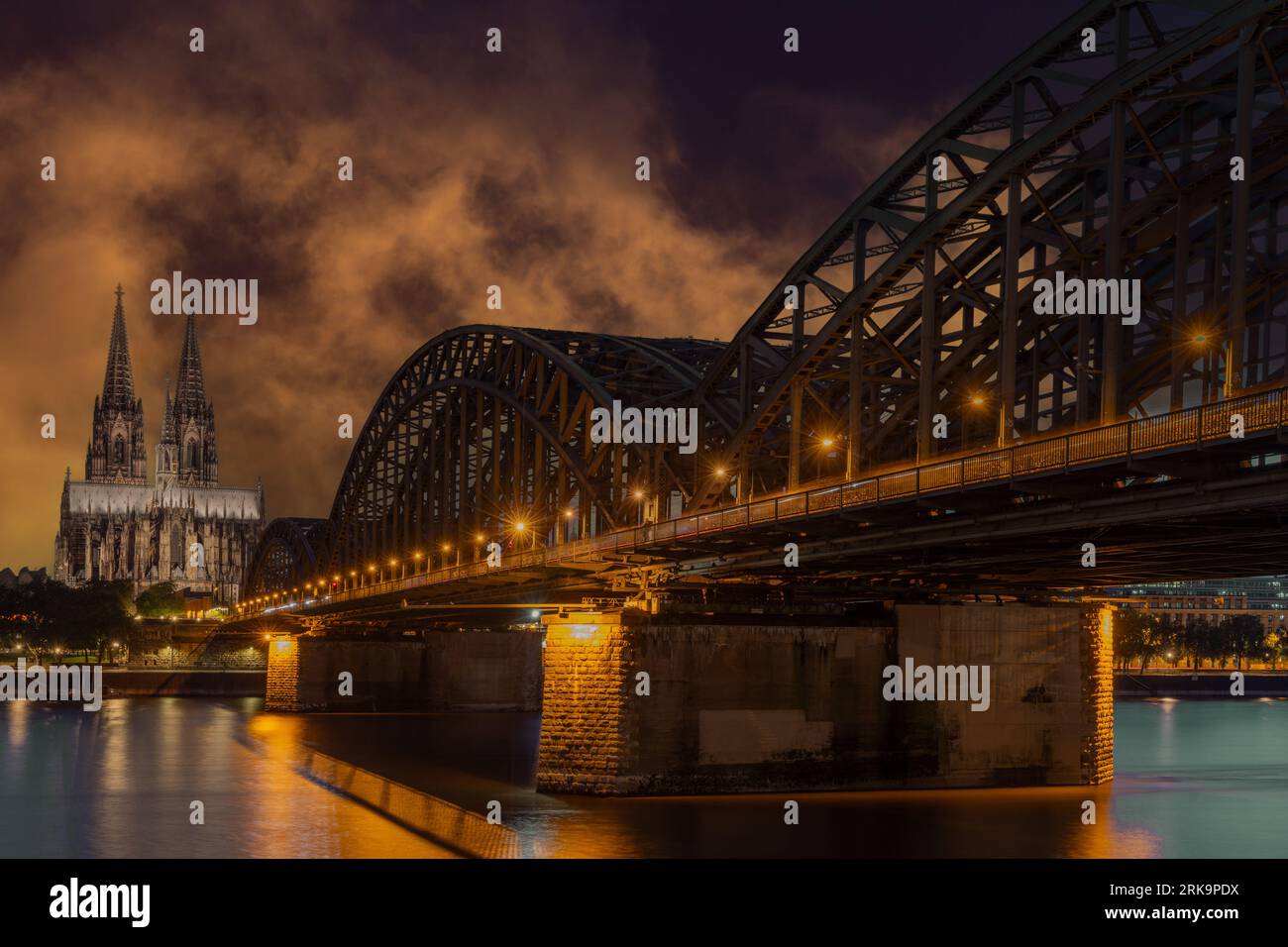 Cologne Germany, bridge and Cologne Cathedral aerial view at night ...