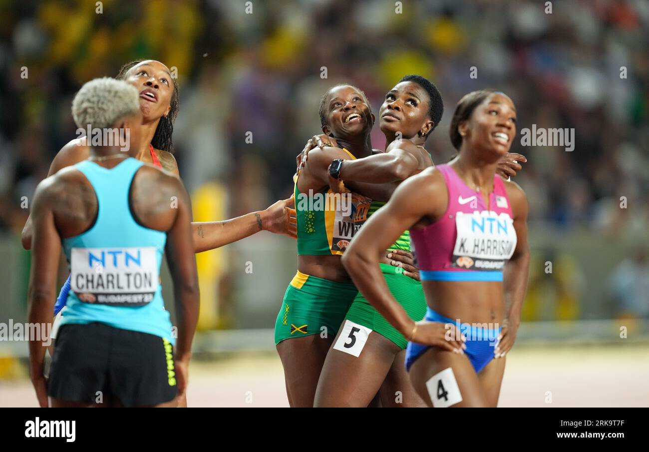 Jamaica’s Danielle Williams (third right) celebrates winning the Women ...