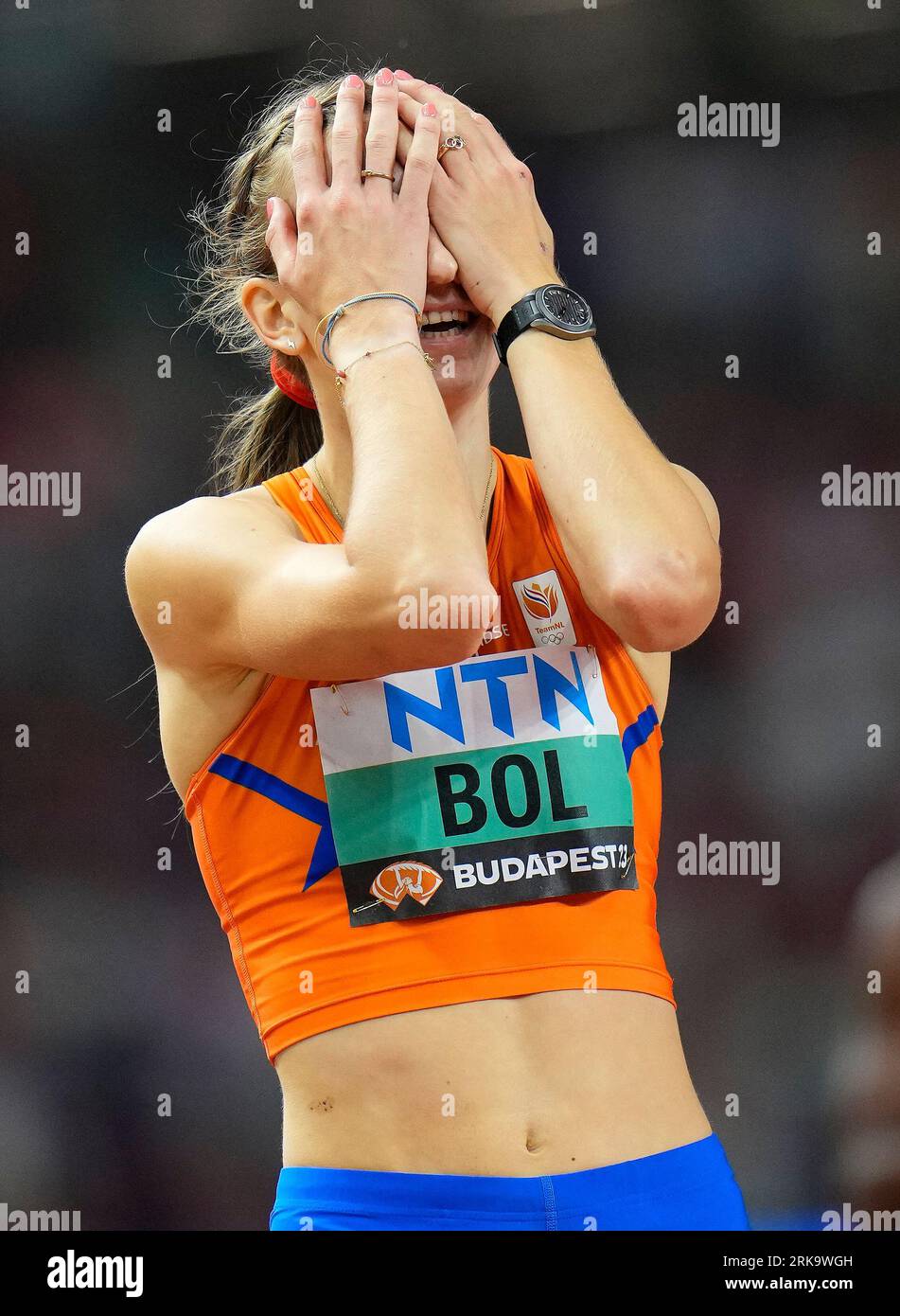 Femke Bol, of the Netherlands celebrates winning the gold medal in the ...