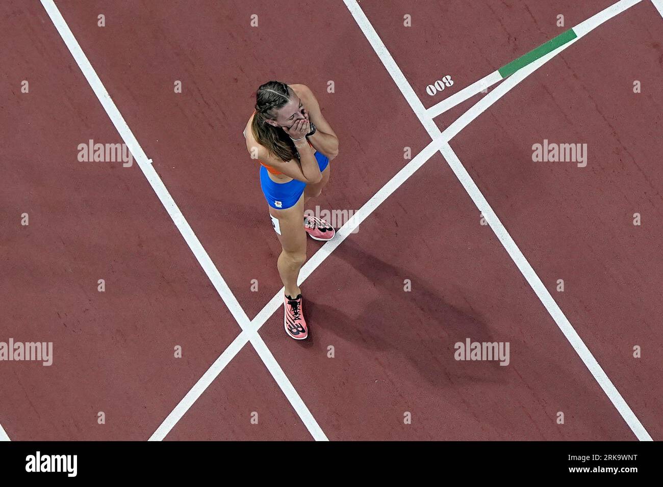 Femke Bol, of the Netherlands, reacts after winning the Women's 400 ...