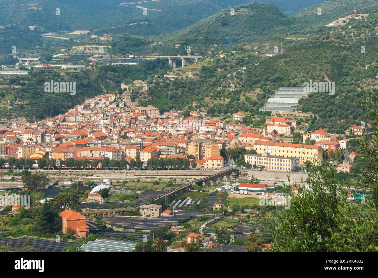 Typical Italian valley village of San Remo, Italy from autostrada Stock ...