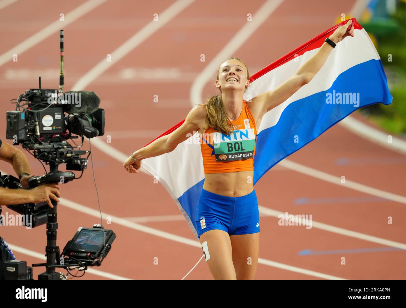Netherland’s Femke Bol celebrates winning the Women’s 400m Hurdles ...