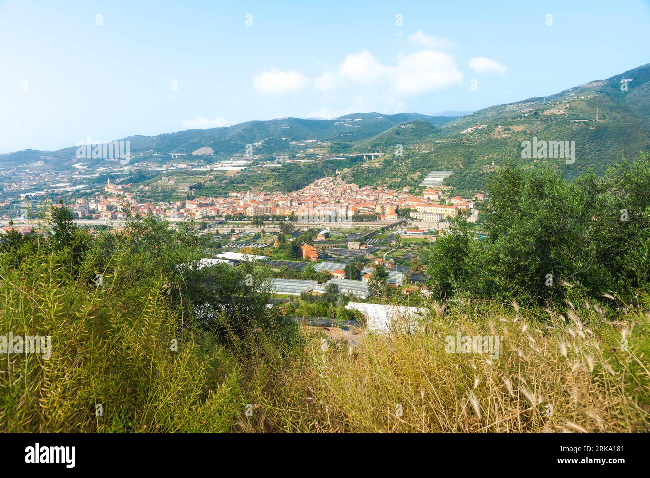 Typical Italian valley village of San Remo, Italy from autostrada Stock ...