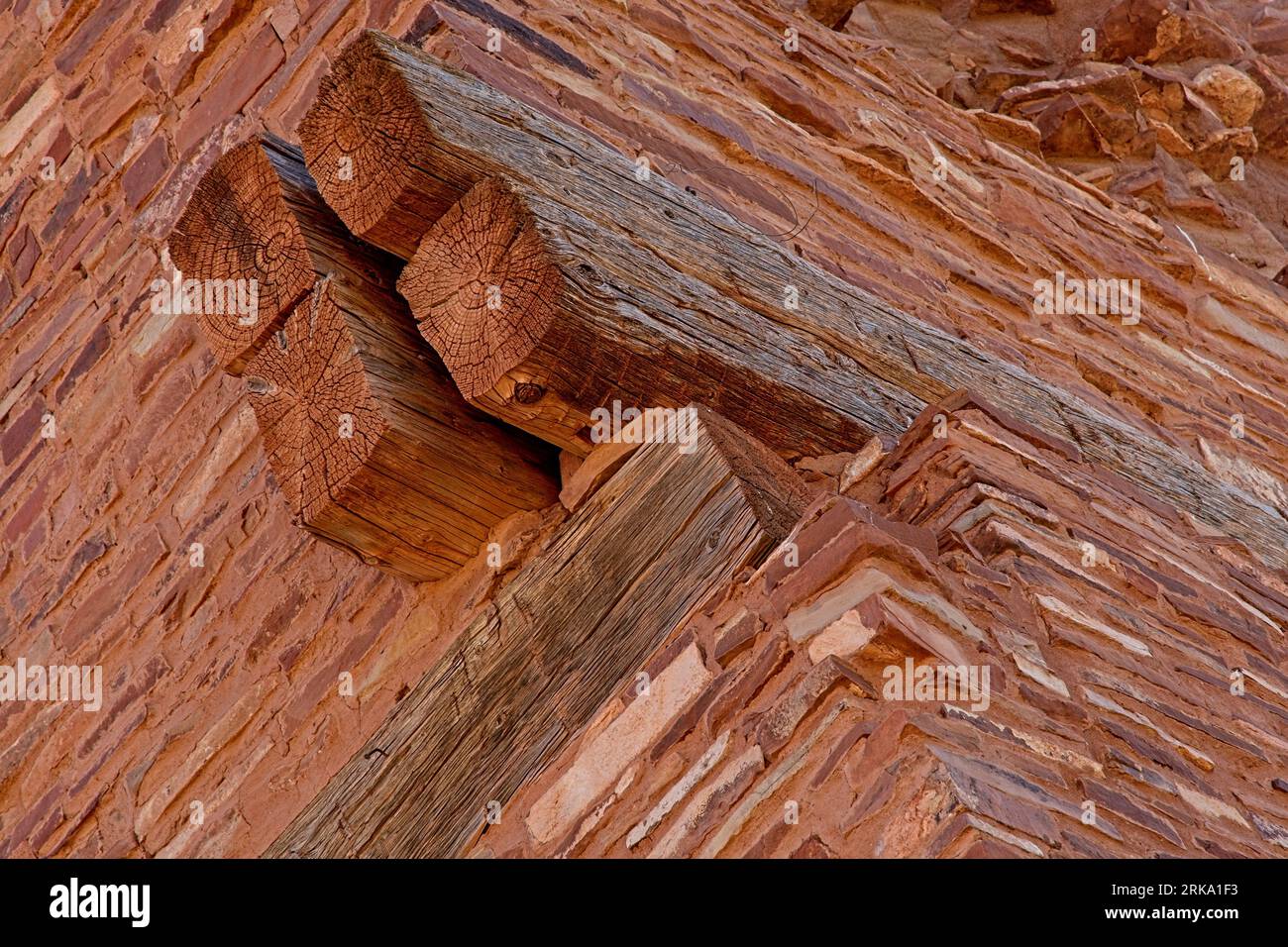 Close-up of timbers used in sandstone masonry construction of San ...