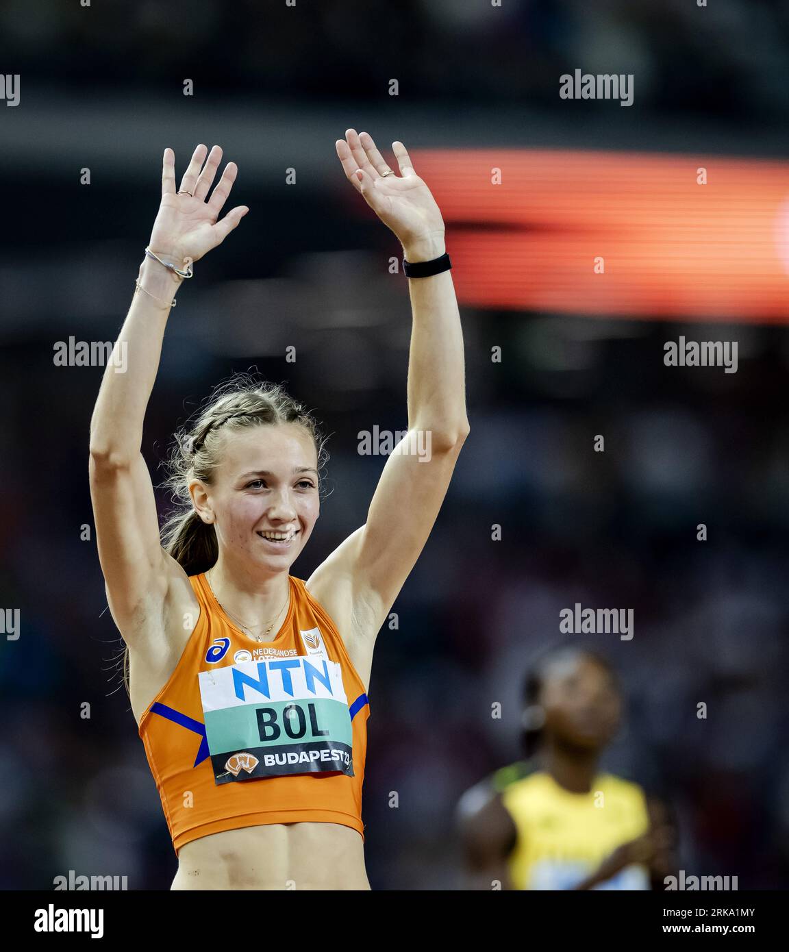BUDAPEST - Femke Bol cheers after winning the final in the 400 meters ...
