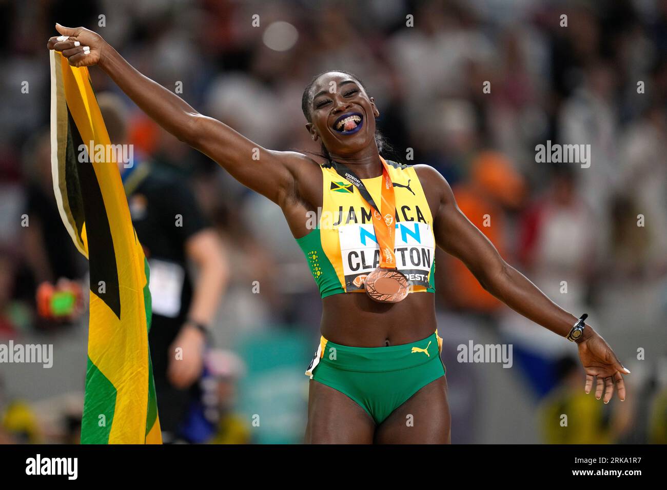 Rushell Clayton, of Jamaica, celebrates after taking bronze in the ...