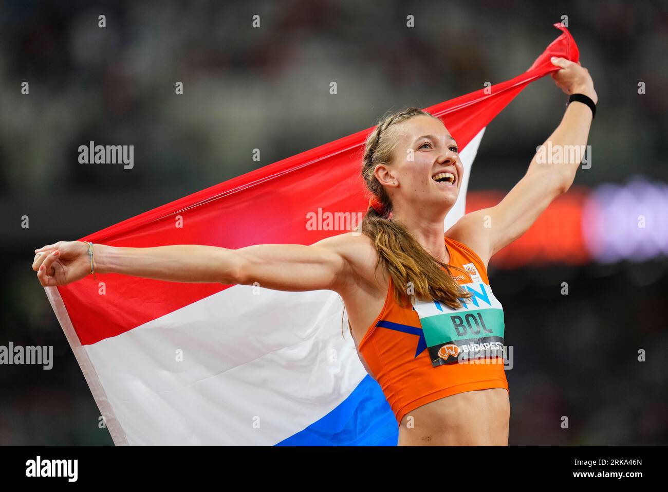 Femke Bol, of the Netherlands, gold, celebrates after the final of the ...