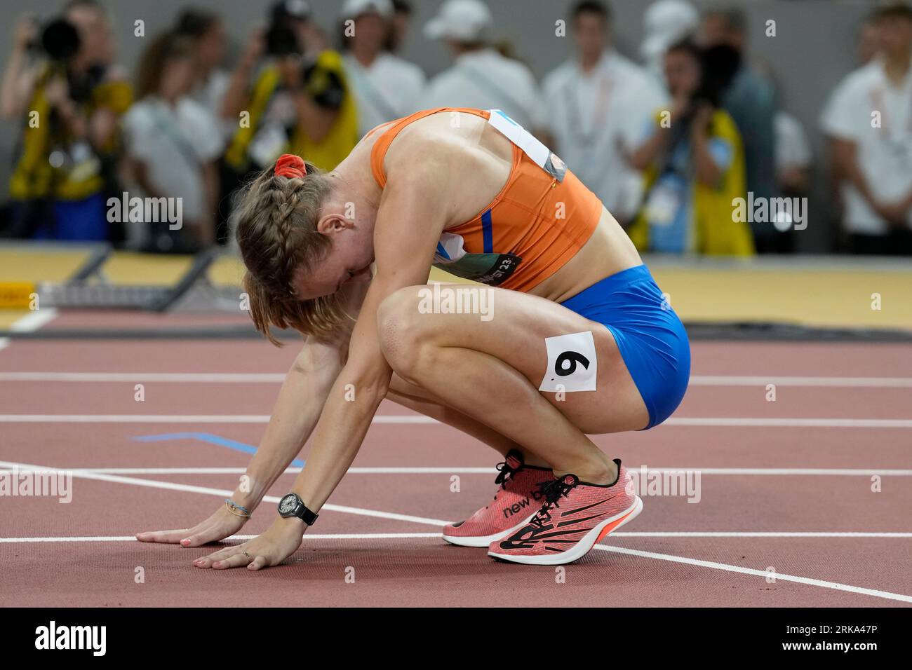 Femke Bol, of the Netherlands reacts after winning the gold medal in ...