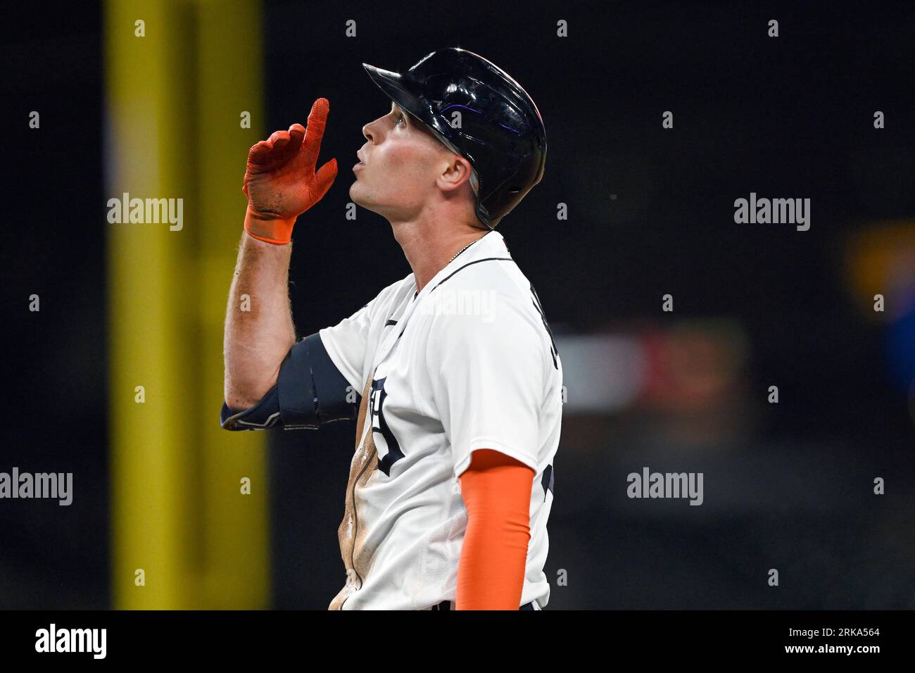 Detroit Tigers designated hitter Kerry Carpenter reacts after hitting a ...