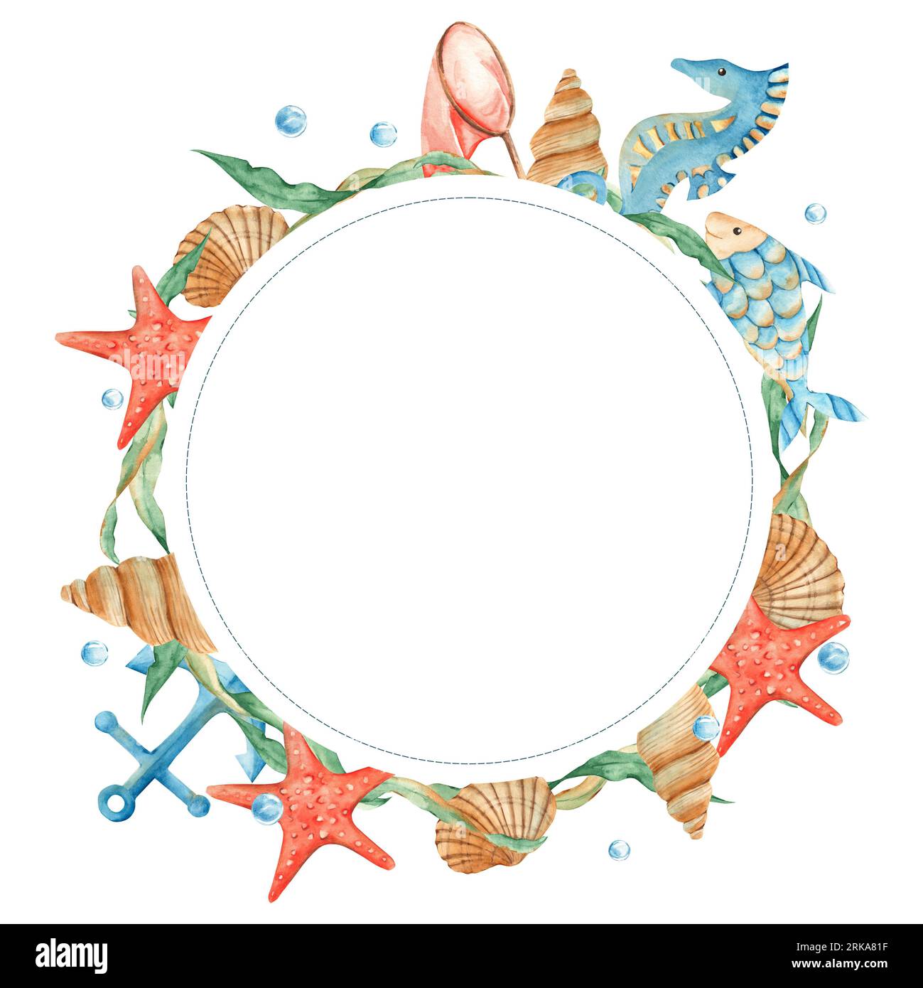 Sea circle frame, cute fish, seaweeds, seashells, red starfish ...
