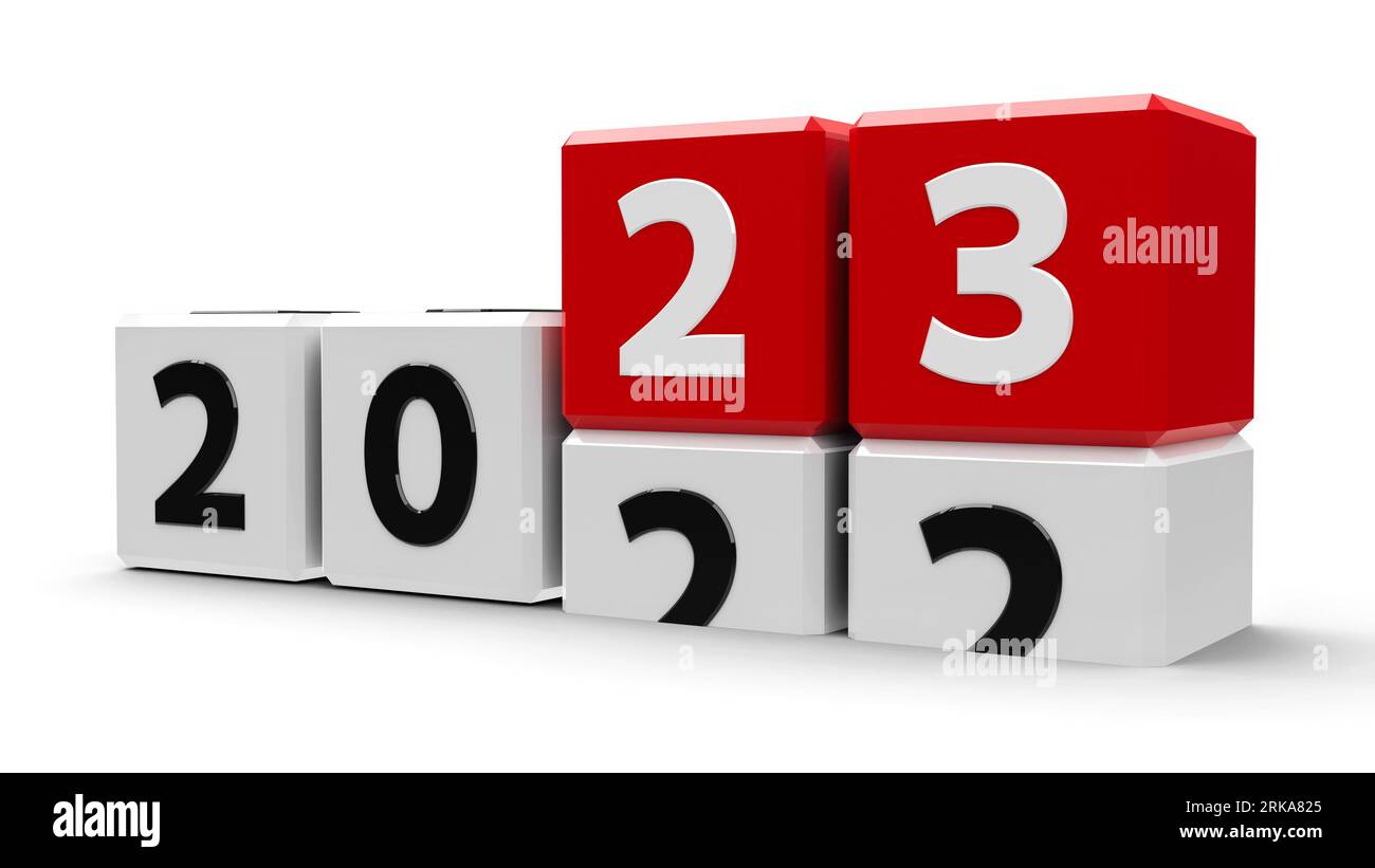 White cubes with 2022-2023 change on a white table represents the new 2023 year, three ...