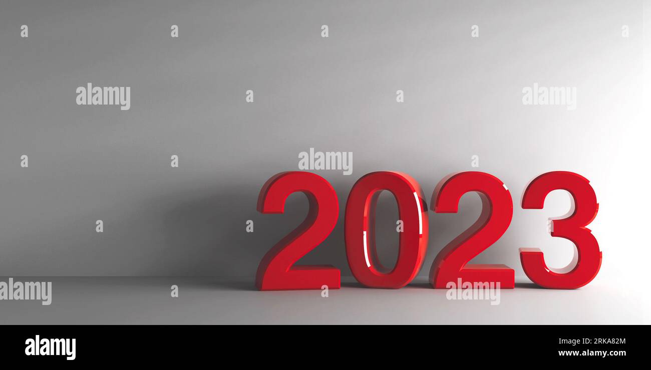 Red 2023 on grey background, represents the new year 2023, three-dimensional rendering, 3D ...