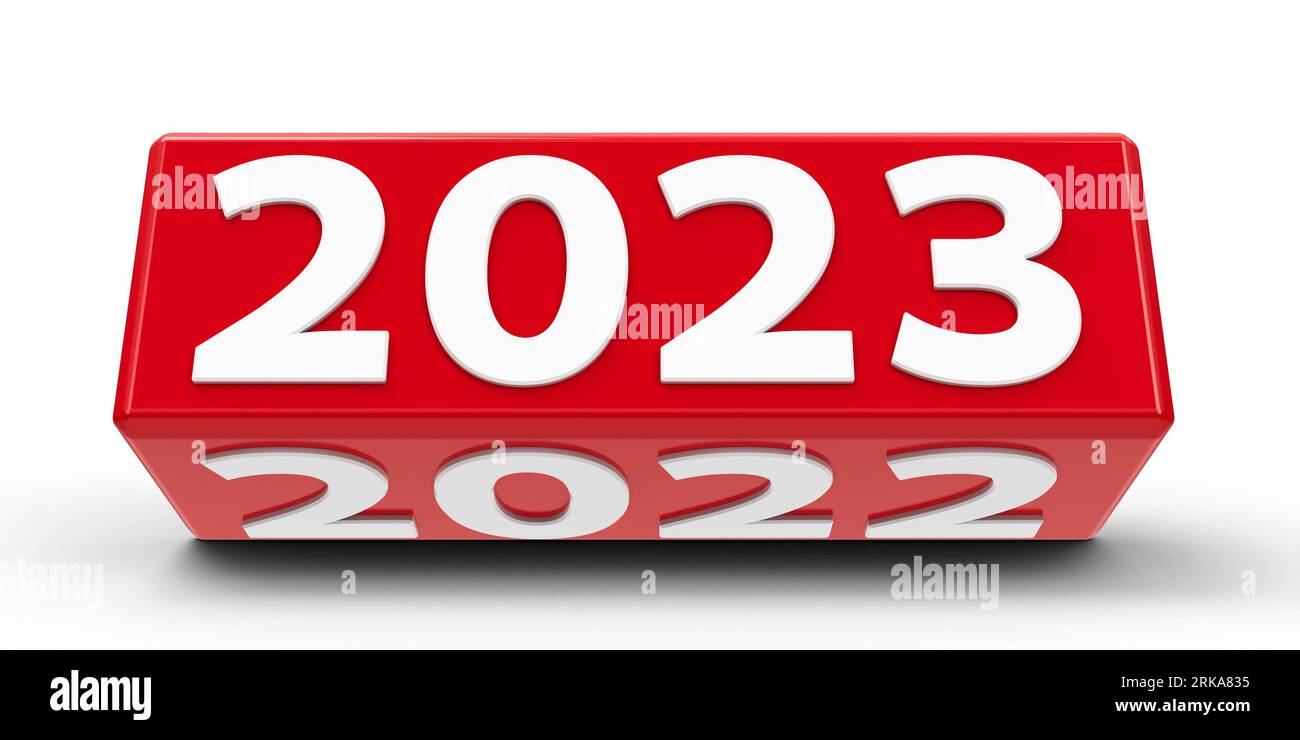Red cube (cuboid) with 2023-2022 change on a white table represents the ...