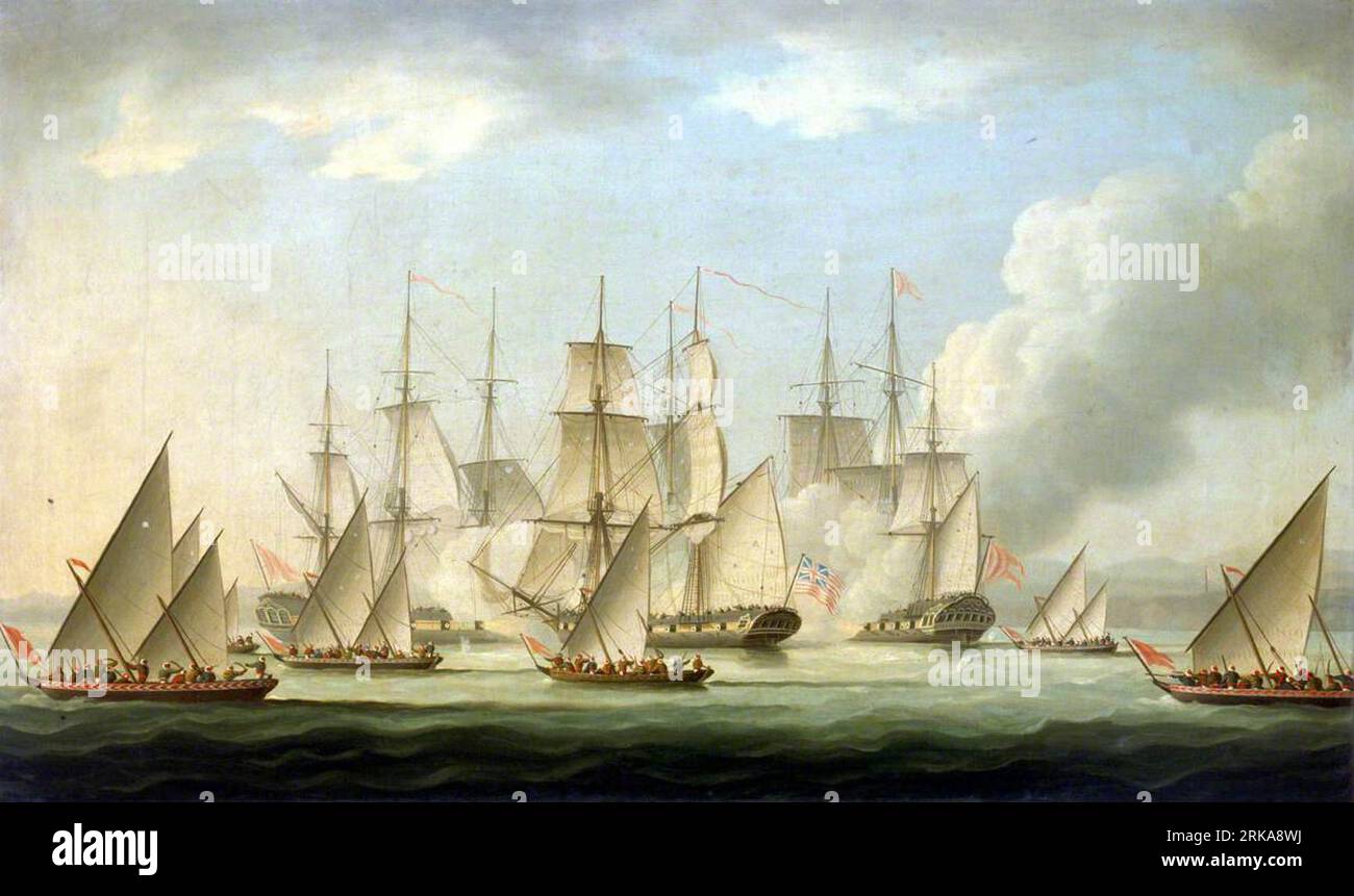 Mahratta pirates attacking the sloop 'Aurora', of the Bombay Marine ...