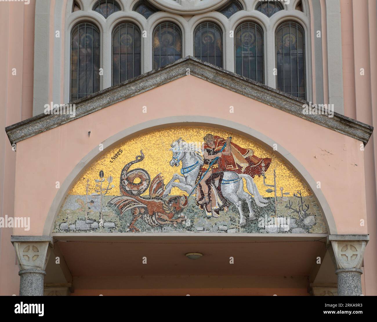 Mosaic facade of Church of San Giorgio in Colico, Lake Como (Lago di ...