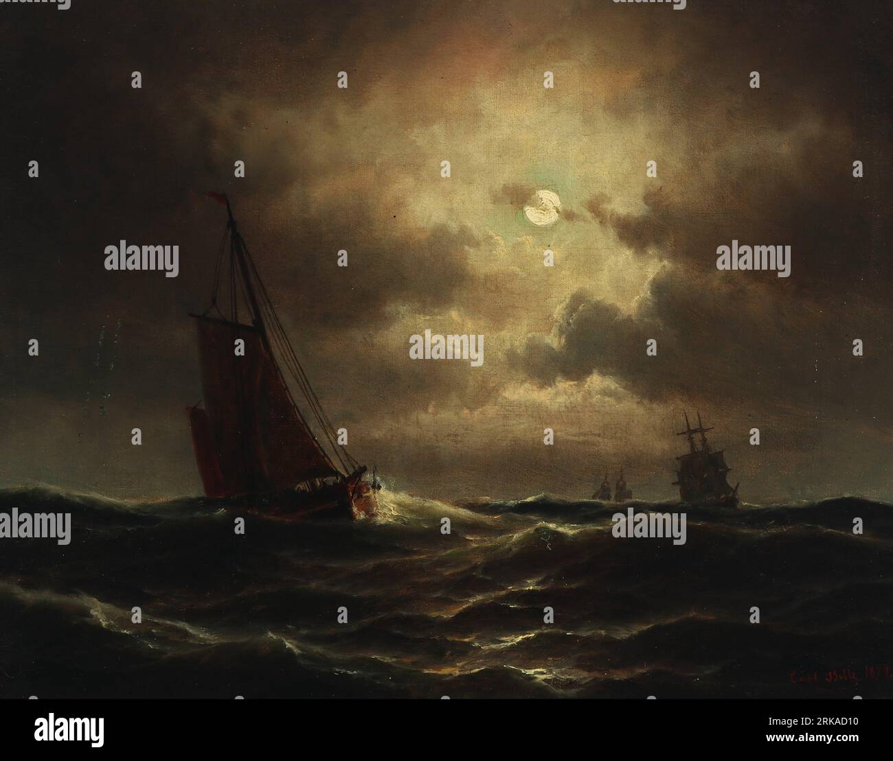 A Dutch fishing boat in the North Sea in Moonlight 1877 by Carl Bille ...