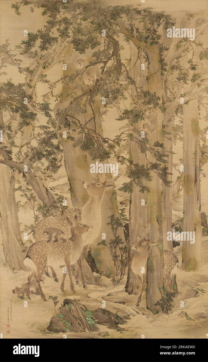 Old Oak, Monkeys, and Deer 1880 Meiji period (23 October 1868–30 July ...