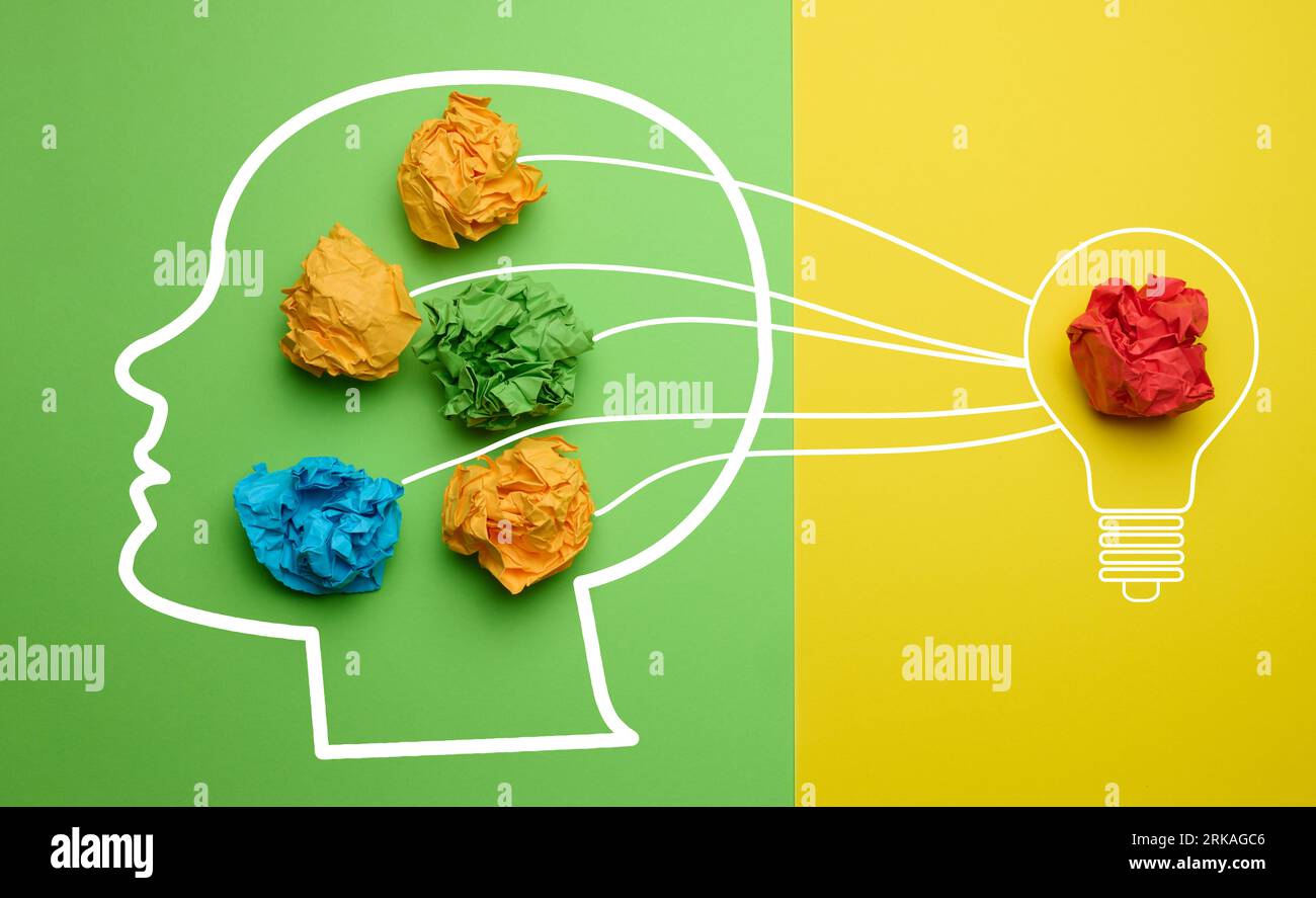 Head silhouette with crumpled paper balls, concept of searching for new ...