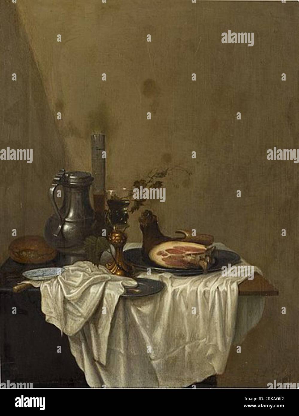 Still life with a pewter jug, roemers and a leg of ham circa 1650 by ...