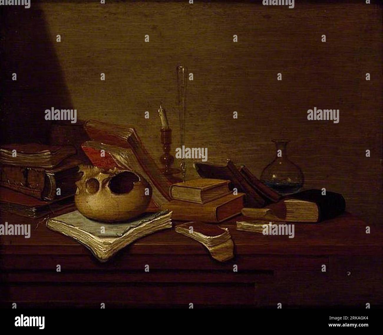 Still life with skull, books, candle and a flask by Gerrit van Vucht ...