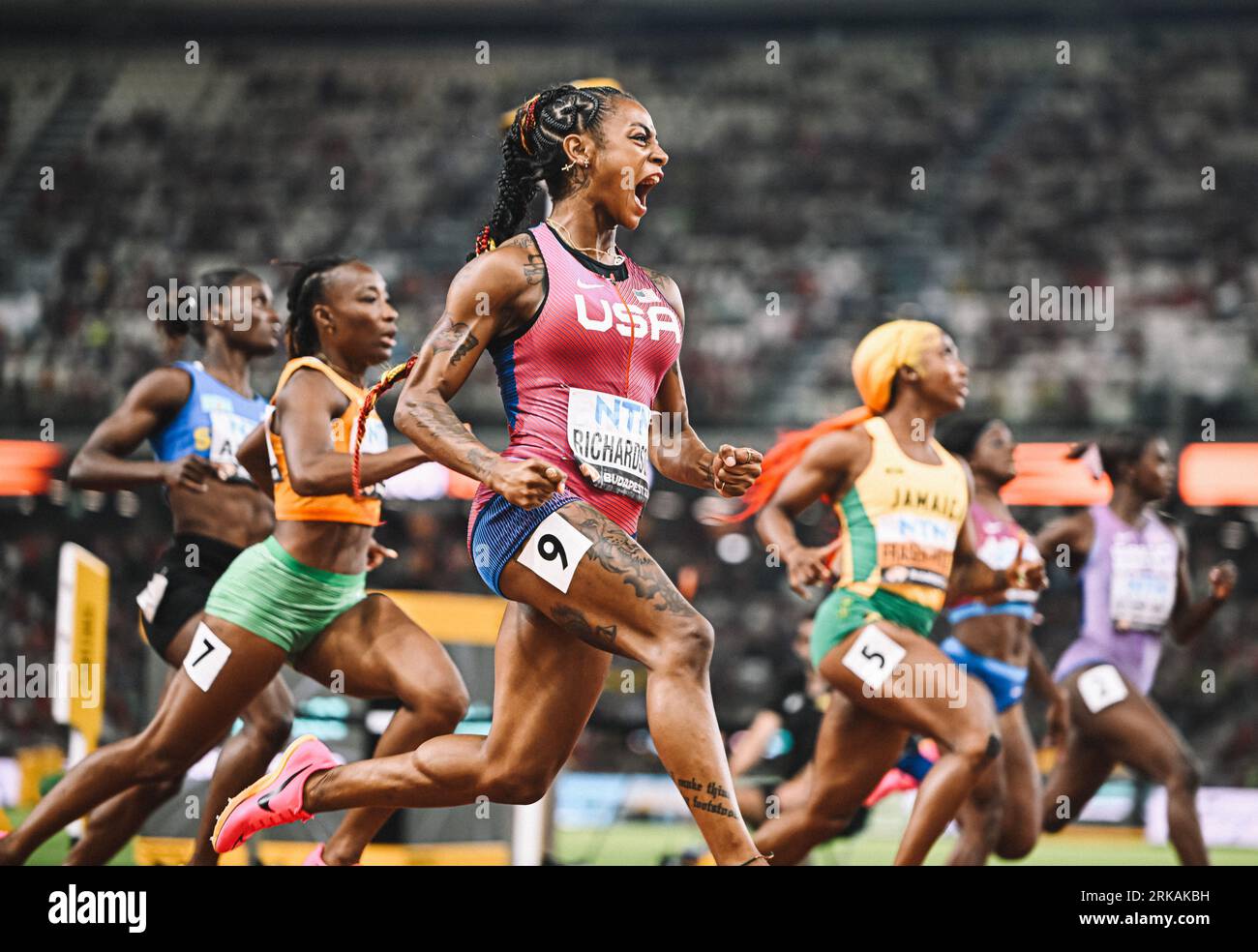 Sha'Carri Richardson winning the 100m at the 2023 World Athletics ...