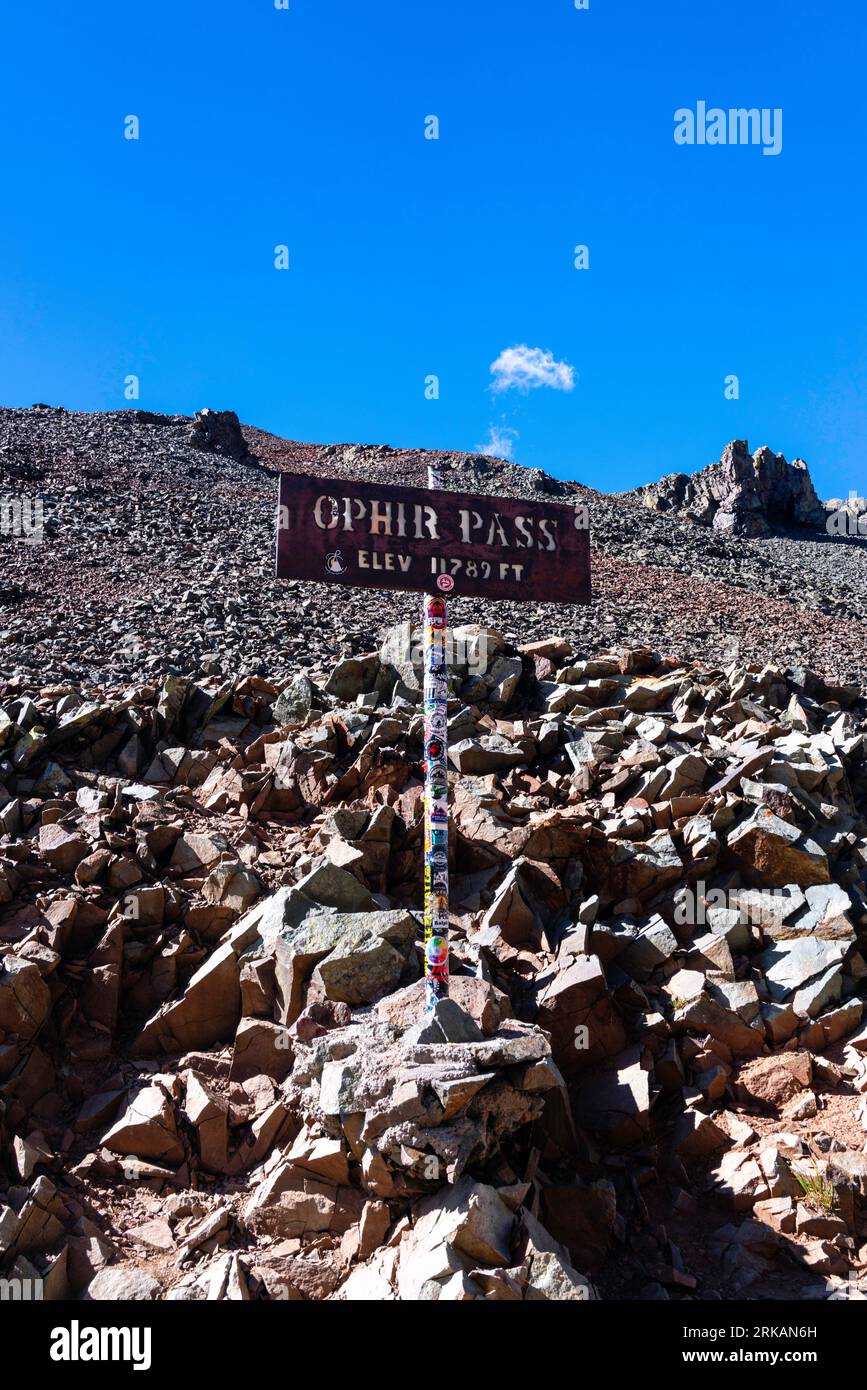Sign marking Ophir Pass with the altitude, San Juan National Forest ...