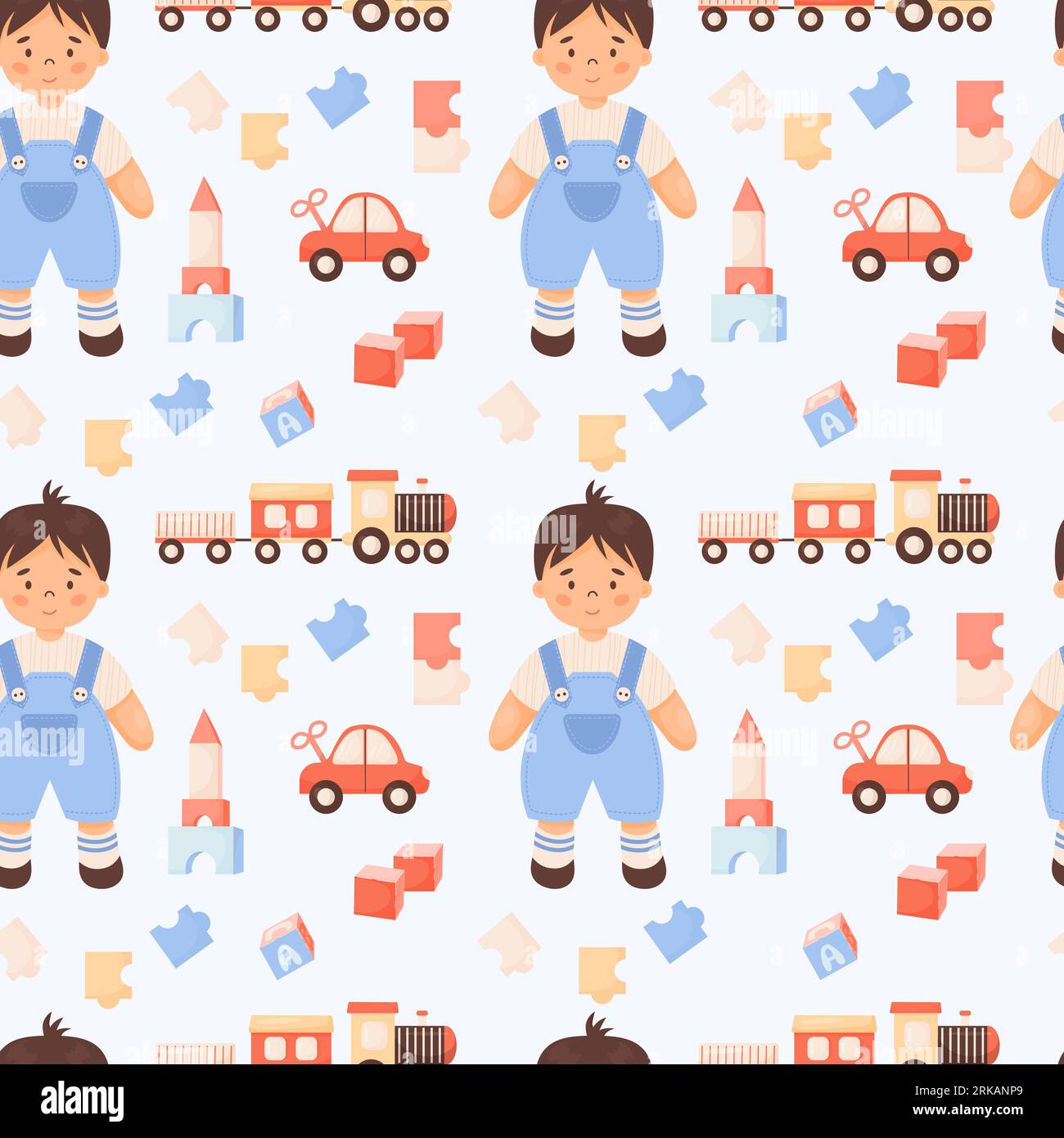 Cute kids seamless pattern. Children toys. Funny boy in shorts, train ...