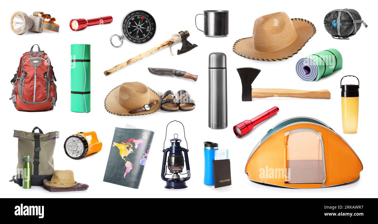Group of traveler's accessories on white background Stock Photo - Alamy