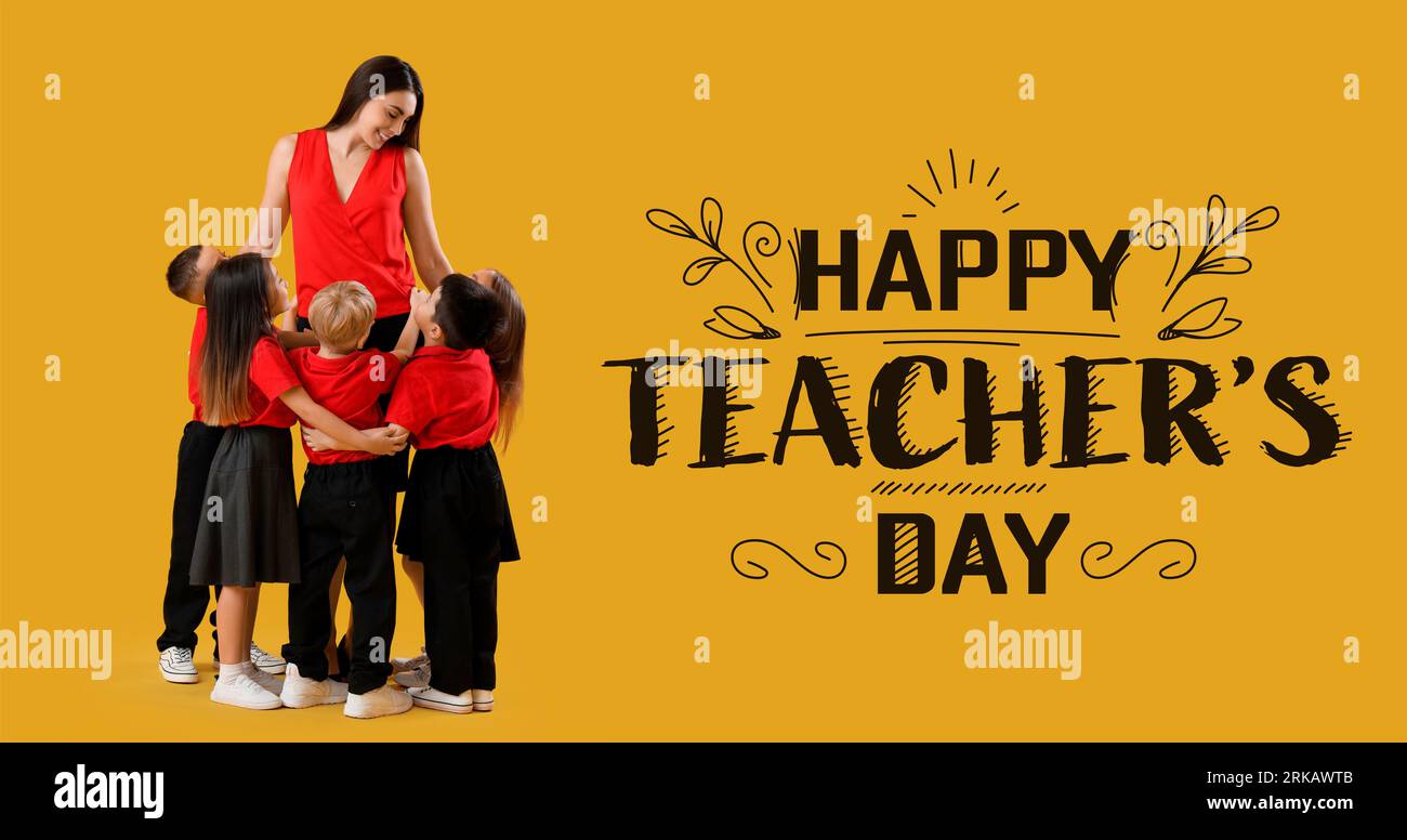 Poster for Happy Teacher's Day with woman and school children Stock ...