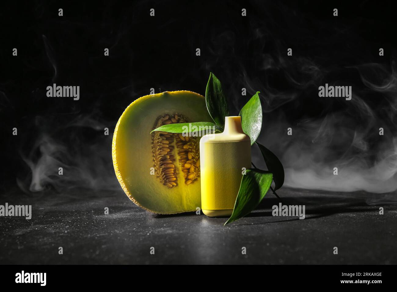 Electronic cigarette with melon and smoke on black background Stock ...