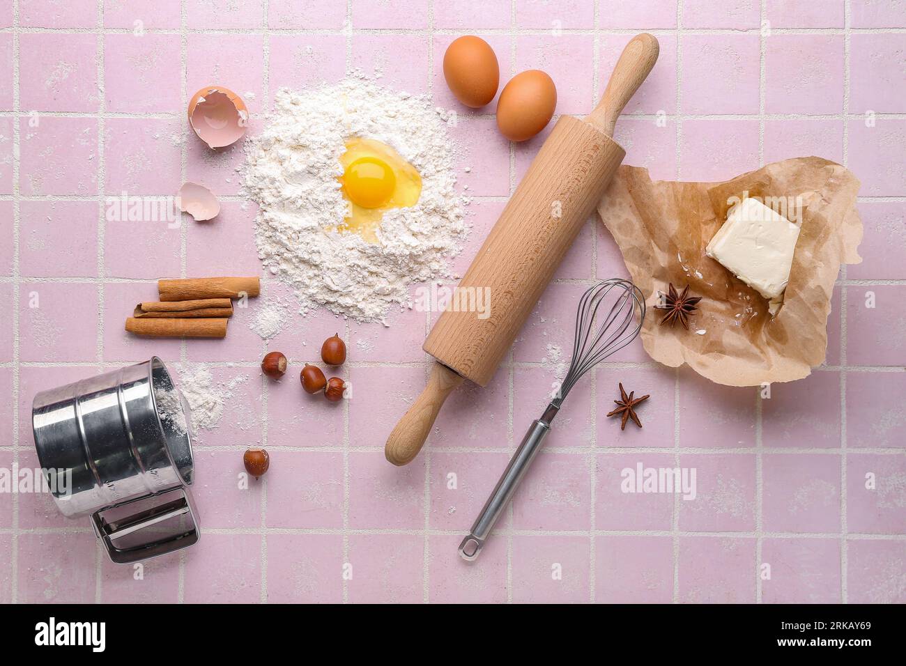 Composition with ingredients for preparing bakery on color tile ...