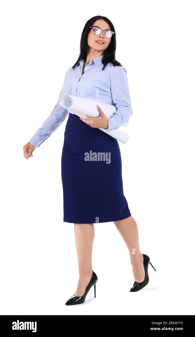 Portrait of pretty businesswoman with papers walking on white ...