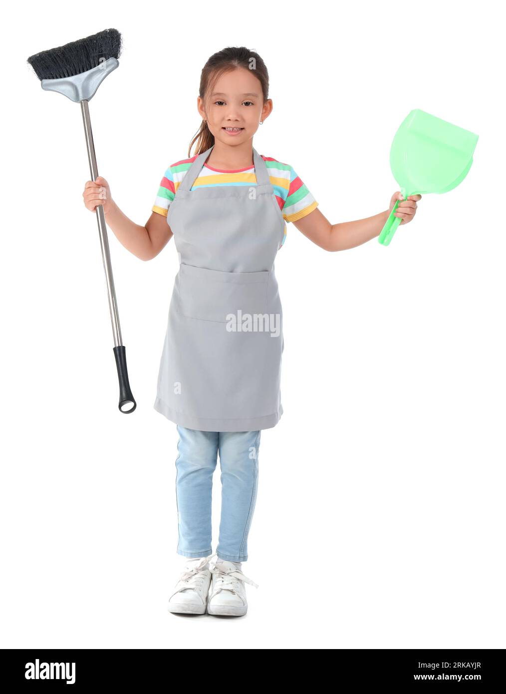 Cute little janitor with brush and dustpan on white background Stock ...