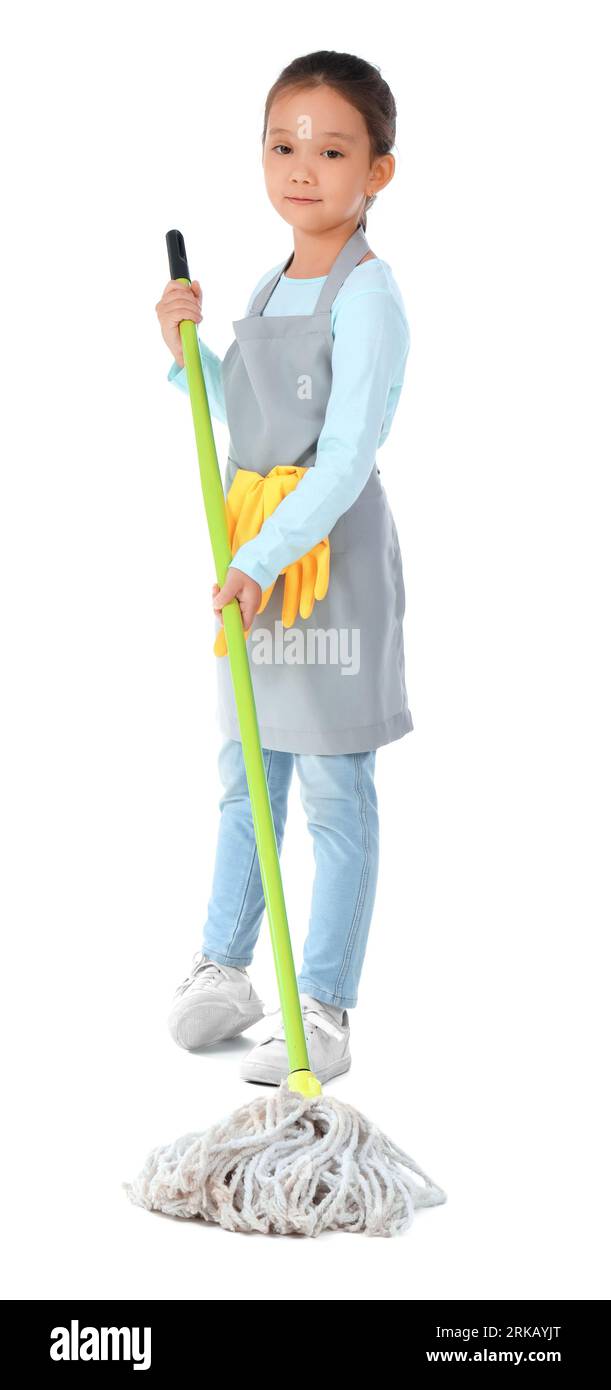 Cute little janitor with mop on white background Stock Photo - Alamy